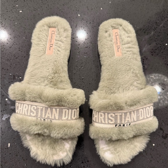 Dior | Shoes | Christian Dior Fuzzy Slides In Sage Green | Poshmark